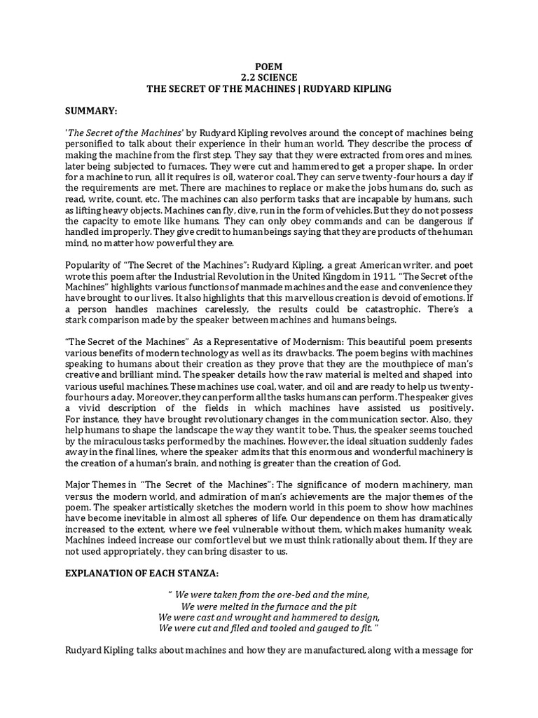 Poem 2.2 Science The Secret of The Machines - Rudyard Kipling Summary ...