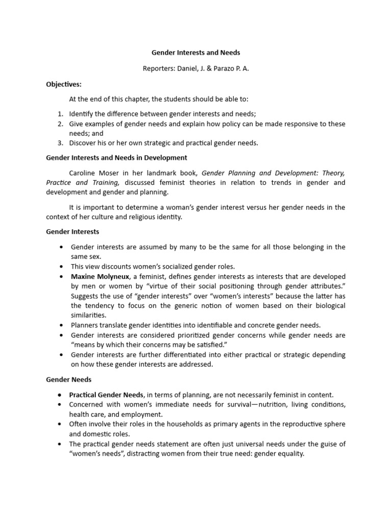 Understanding Gender Interests and Needs | PDF | Gender | Gender Studies