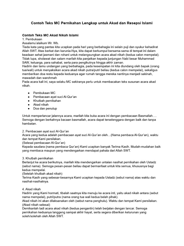 Contoh Teks MC Pernikahan Lengkap Untuk Akad Dan Resepsi Islami | PDF