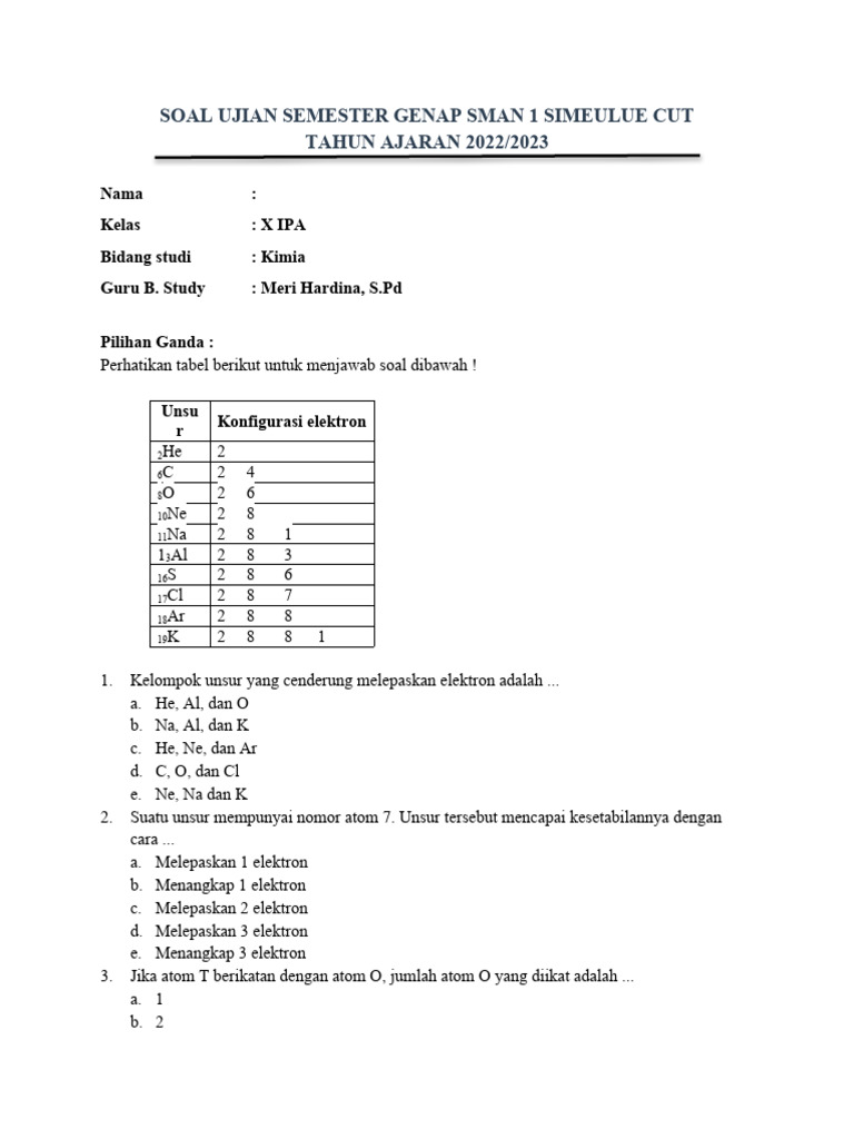 Soal Kimia Kelas X Genap | PDF