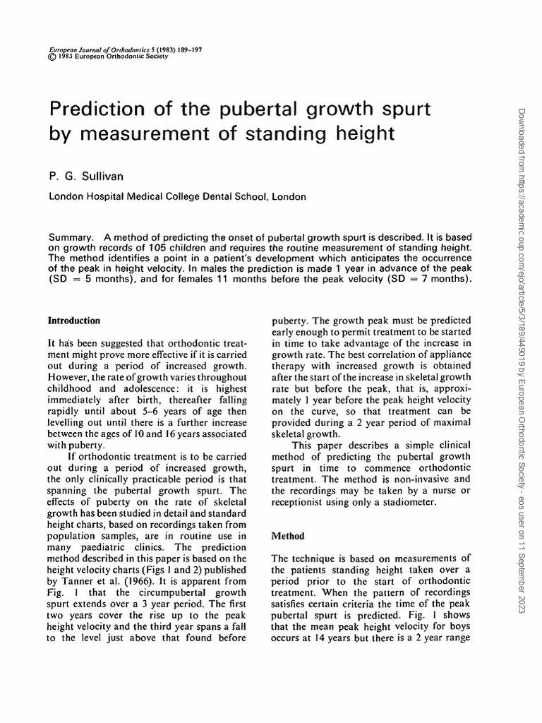 Sullivan PG (1983) Prediction of The Pubertal Growth Spurt by Measurement of Standing Height ...