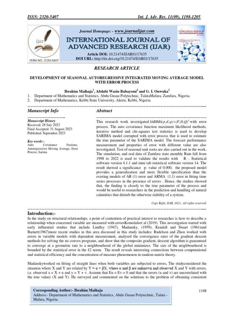 Development Of Seasonal Autoregressive Integrated Moving Average Model