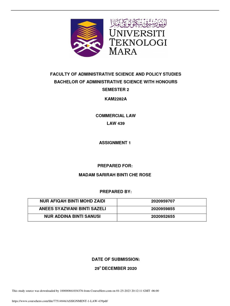Assignment 1 Law 439 PDF | PDF | Consideration | Business