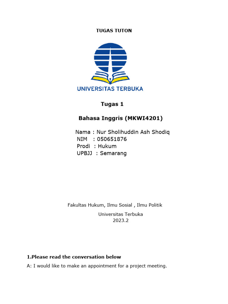 Tugas - TUTON 1 Bahasa Inggris | PDF | Communication | Linguistics Tugas - TUTON 1 Bahasa Inggris | PDF | Communication | Linguistics
