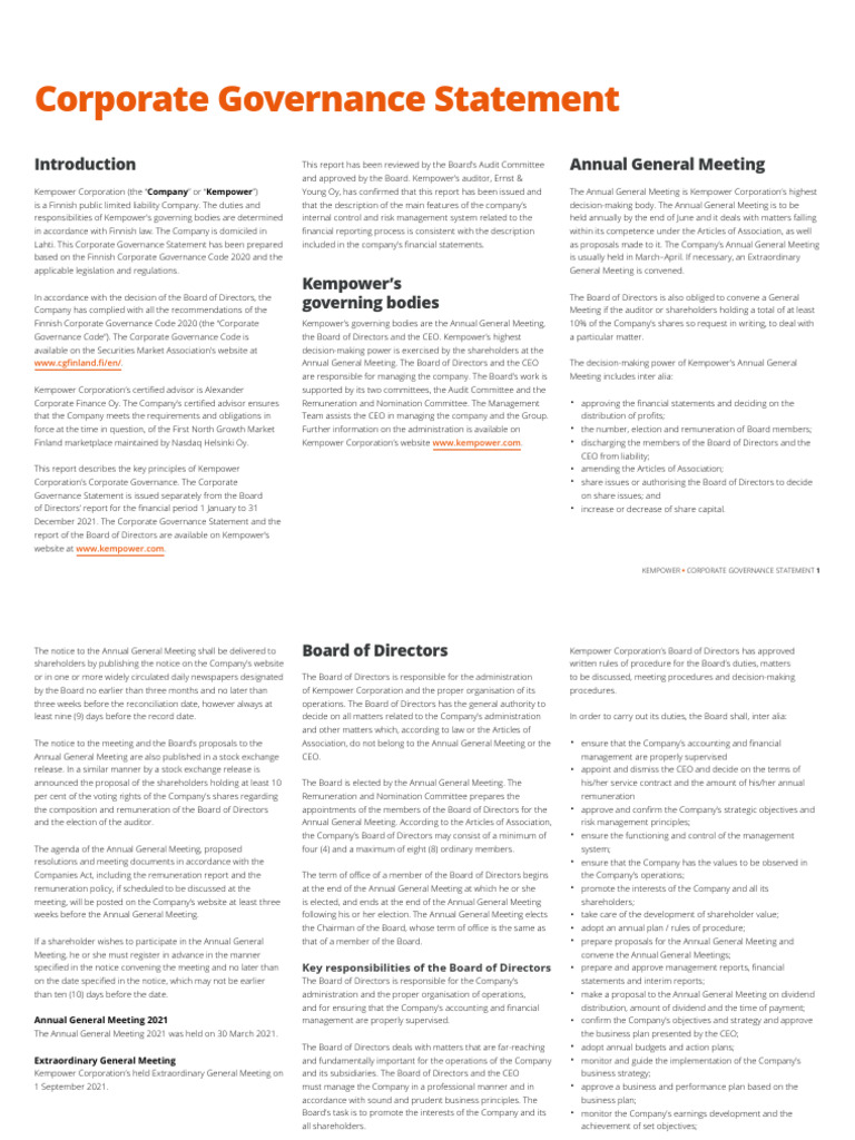 Kempower Corporate Governance Statement 2021 | PDF