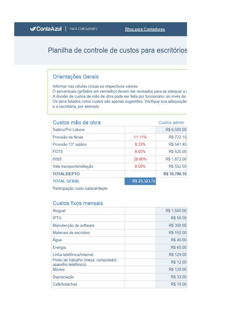 Modelo Planilha Calculo Custos Escritorio Contabilidade | PDF | Contabilidade | Economias
