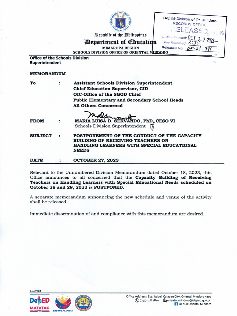 DM Postponement of the Conduct of the Capacity Building of Receiving ...
