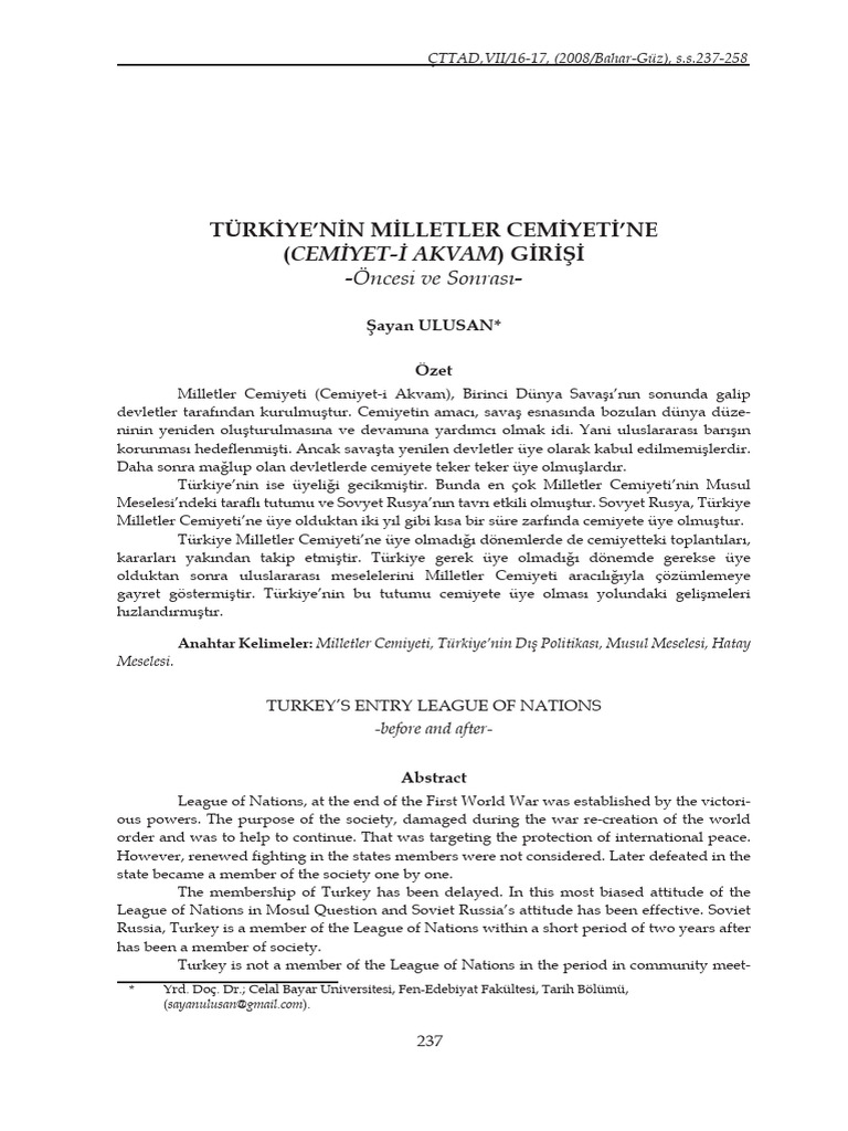 T Rkiye Nin Milletler Cemiyeti Ne (Cemiyet-I Akvam) Giri I - Ncesi Ve Sonras - (#266834 ...