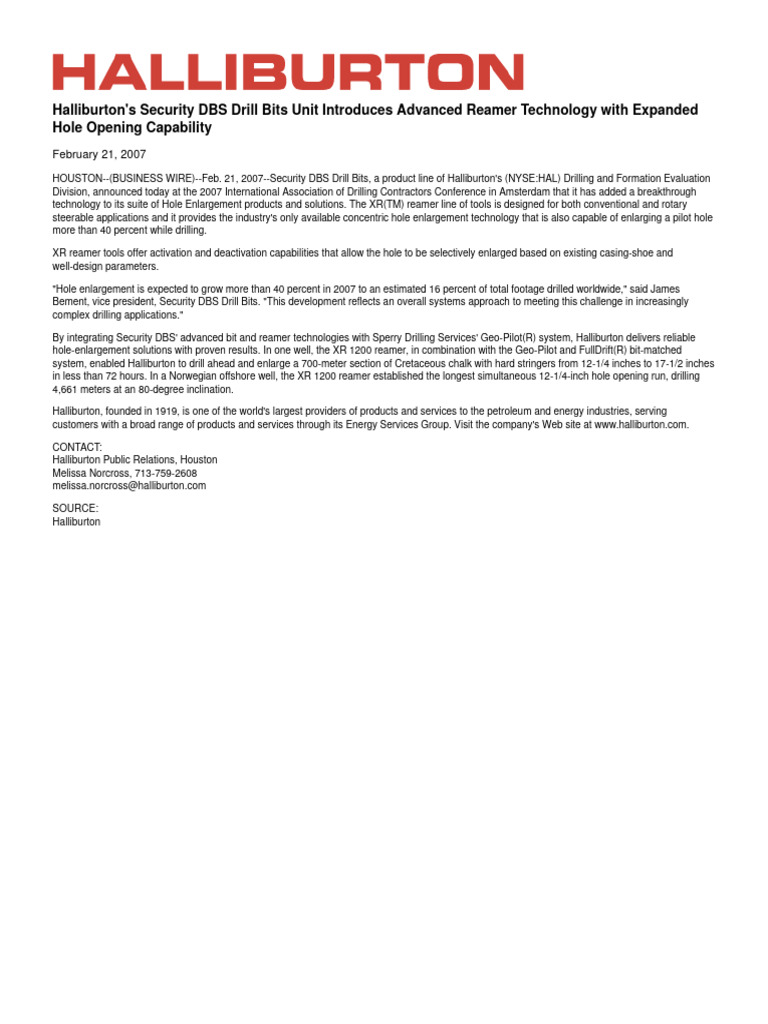 Halliburton's Security DBS Drill Bits Unit Introduces Advanced Reamer ...