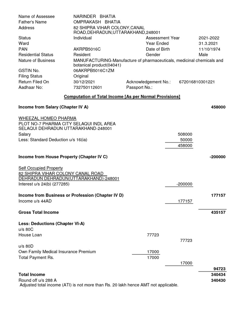 Tax Summary for Narinder Bhatia | PDF | Finance & Money Management