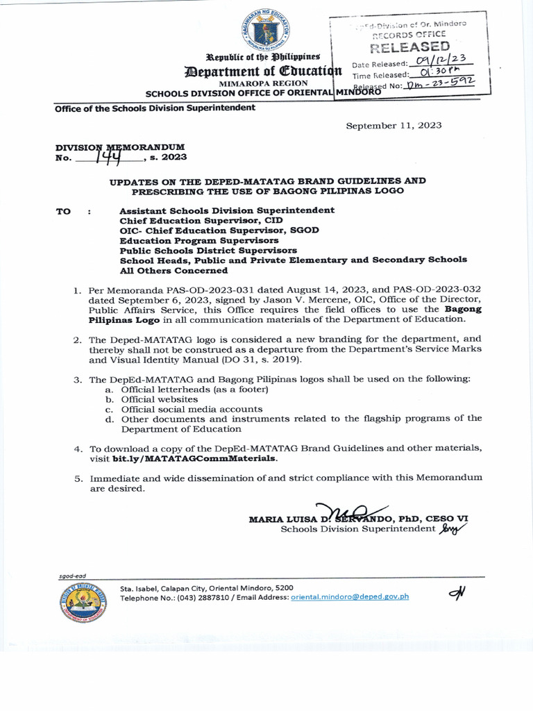 DM144 Updates On The DepEd MATATAG Brand Guidelines and Prescribing The ...