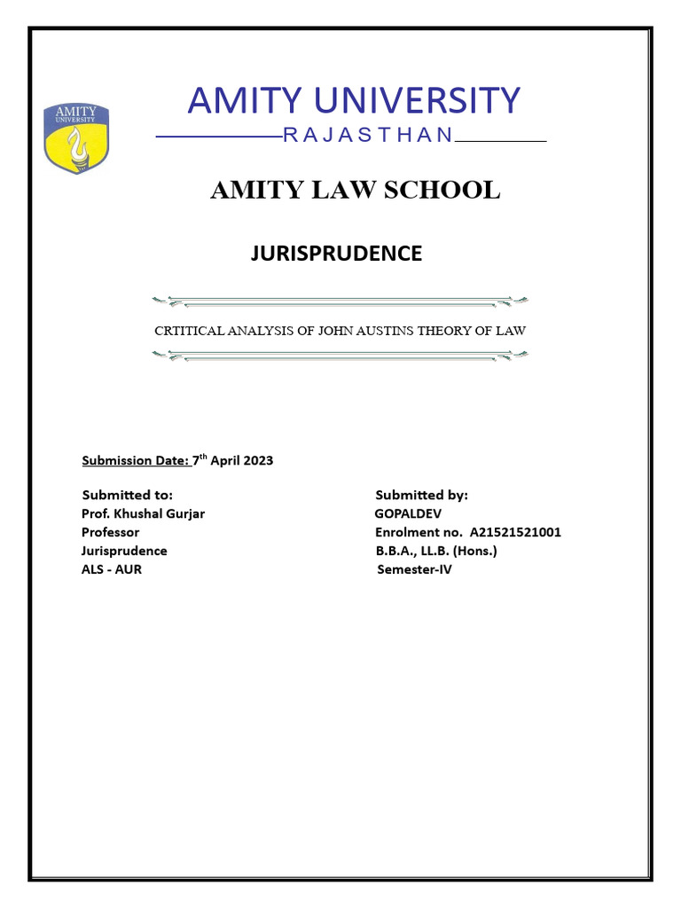 Austins Theory of Law Jurispudence Assignment | PDF | Sovereignty | Jurisprudence