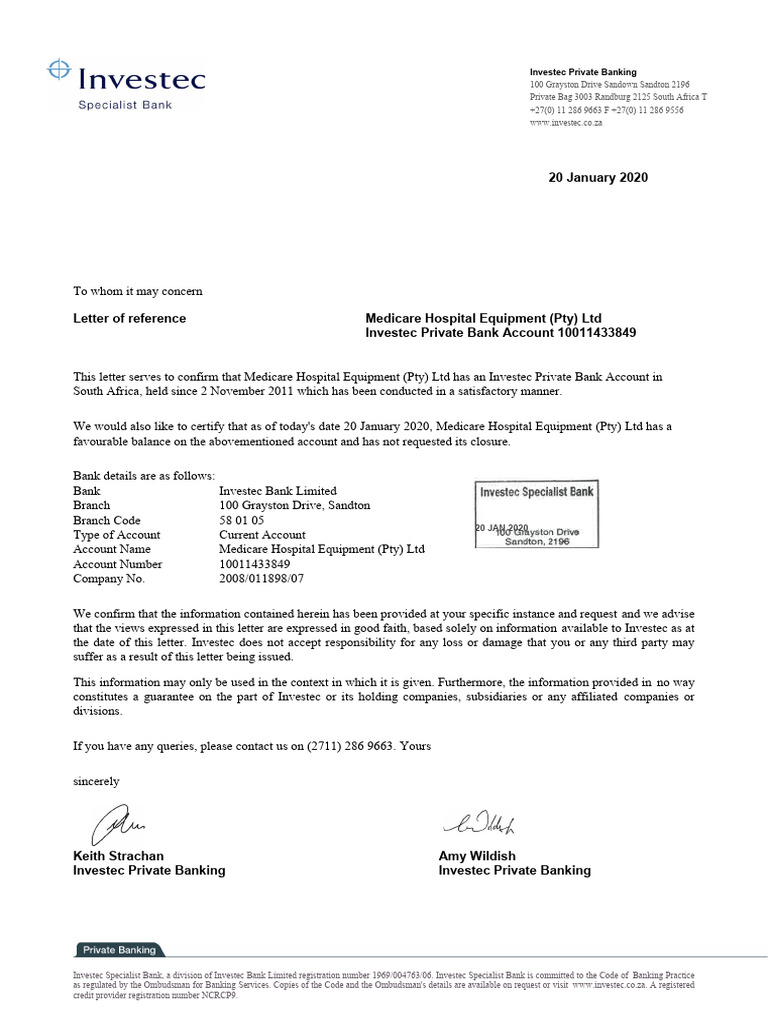 Investec Bank Account Confirmation Letter | PDF | Banks | Government