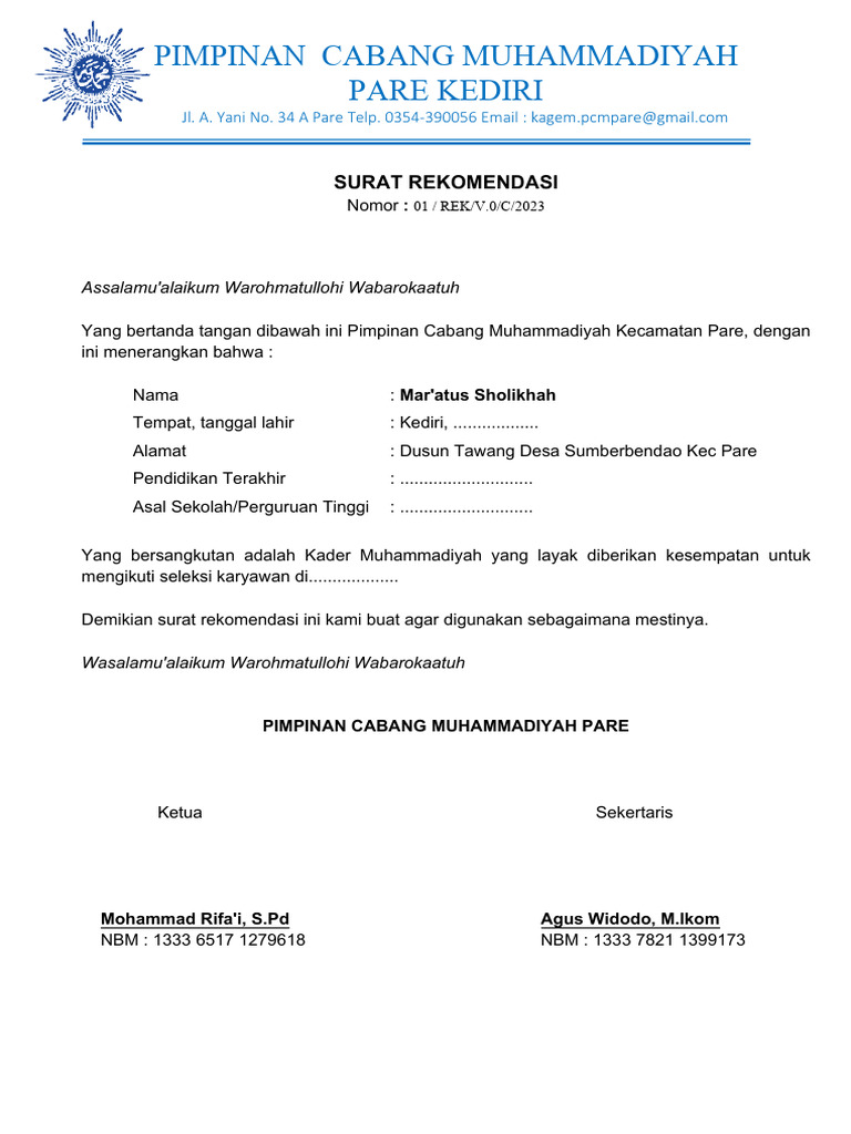 Contoh Surat Rekomendasi Dari PCM | PDF