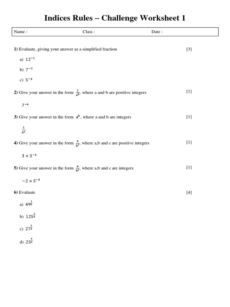 Indices Rules - Challenge Worksheet 1 | PDF | Mathematics | Arithmetic