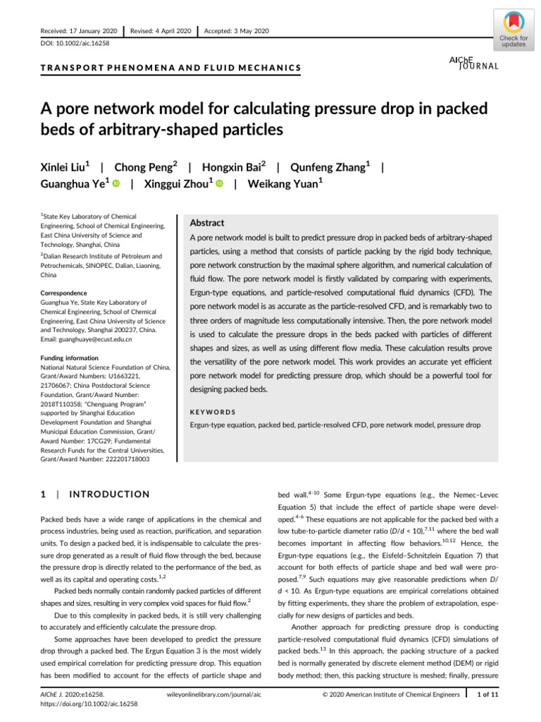 Xinlei Liu (2020) A Pore Network Model For Calculating Pressure Drop in ... Xinlei Liu (2020) A Pore Network Model For Calculating Pressure Drop in ...