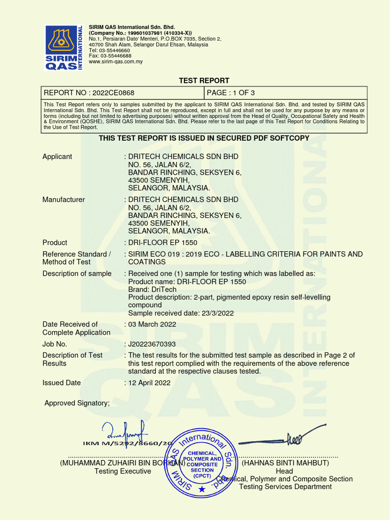 DriTech Chemicals SIRIM Test Report 2022 | PDF | Physical Sciences ...