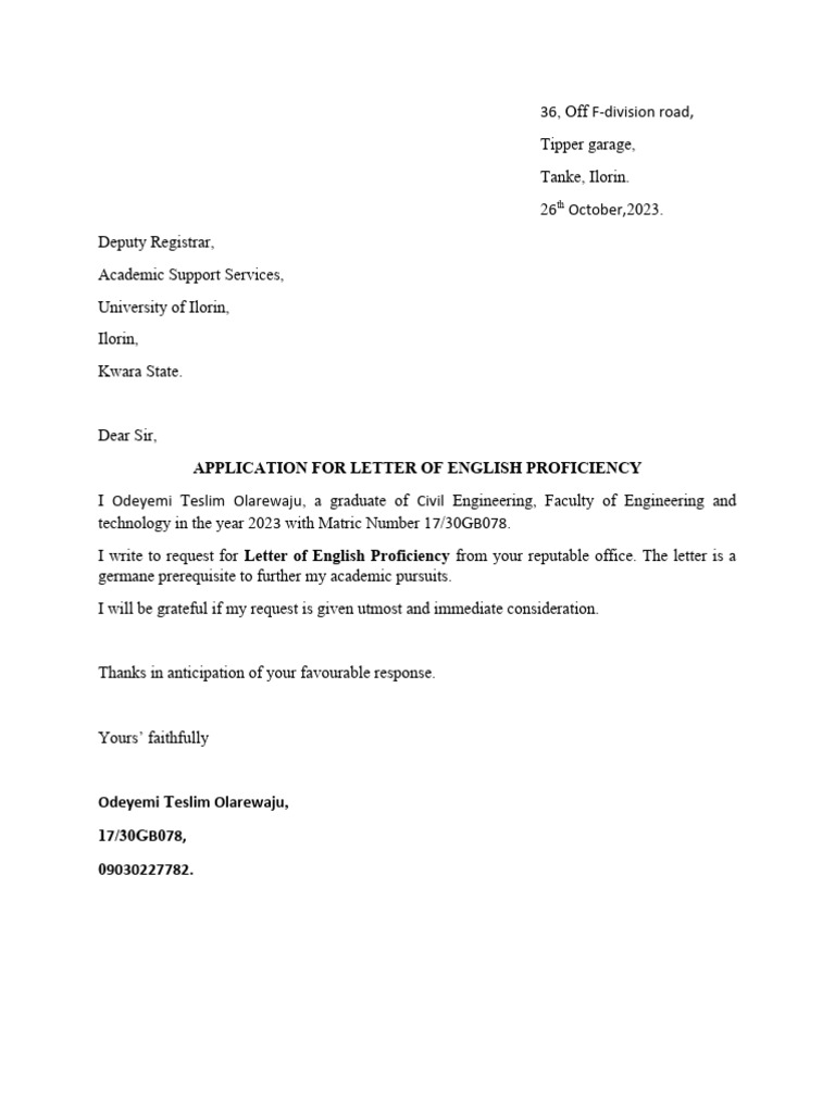 Request for English Proficiency Letter | PDF