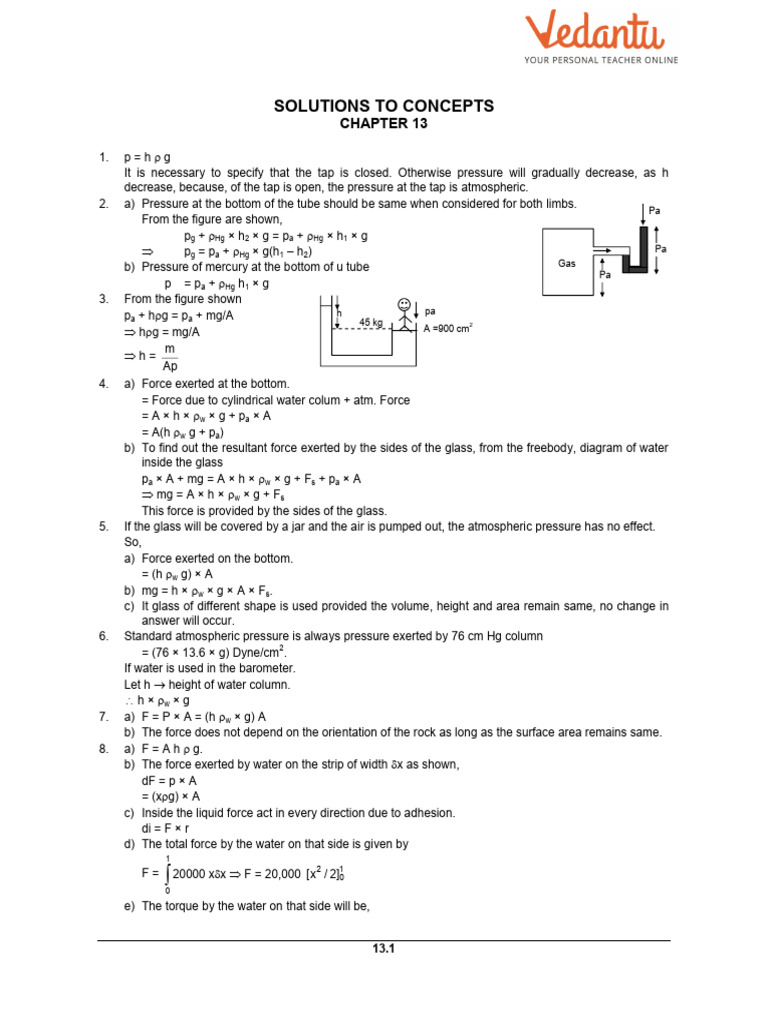 HC Verma Solutions Class 11 Chapter 13 - Fluid Mechanics | PDF | Pressure | Force
