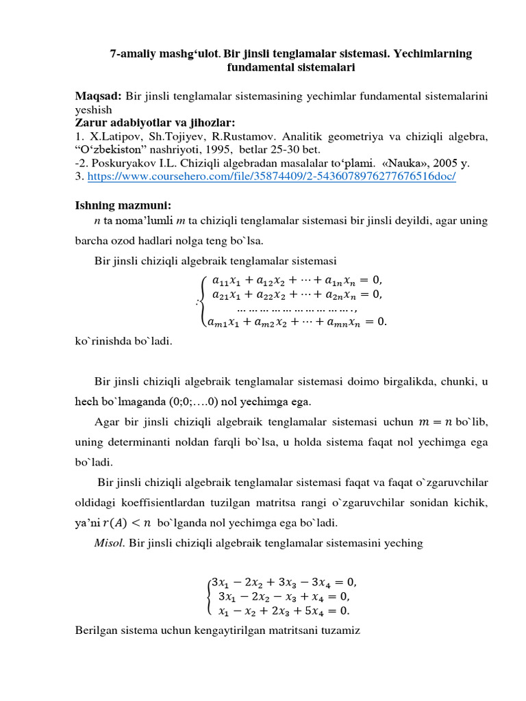 Bir Jinsli Tenglamalar Sistemasi. Yechimlarning Fundamental Sistemalari ...