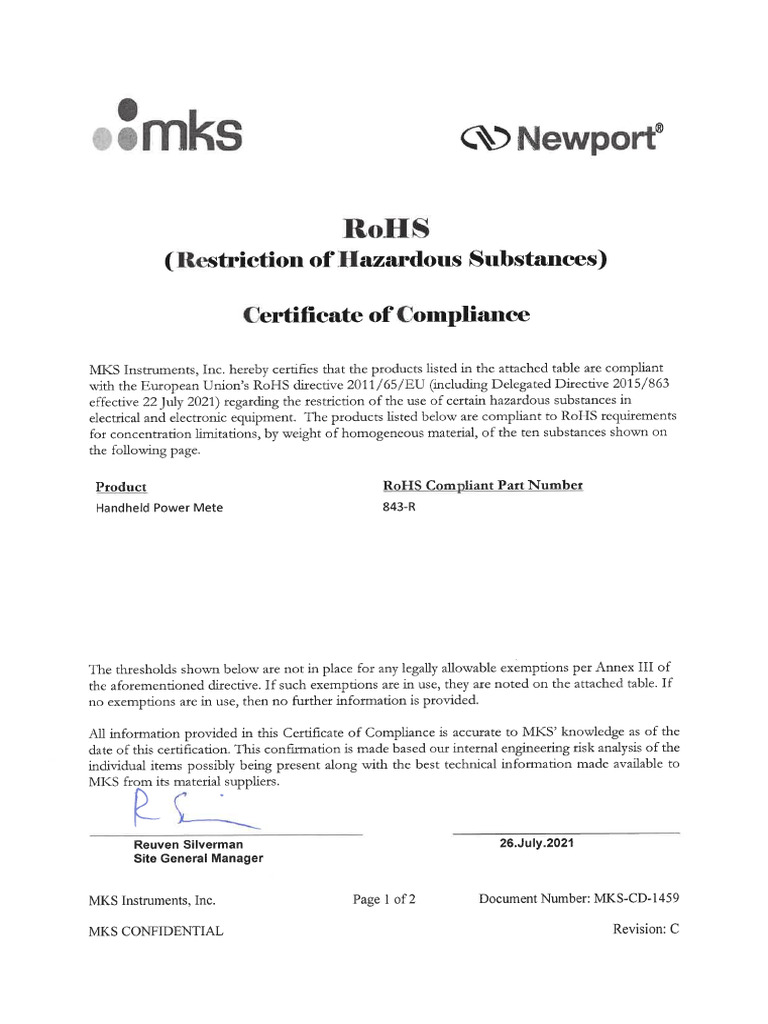 843-R_Handheld_Power_Mete_RoHS_Certificate | PDF