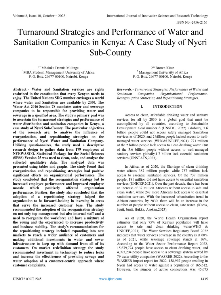 Turnaround Strategies and Performance of Water and Sanitation Companies in Kenya: A Case Study ...