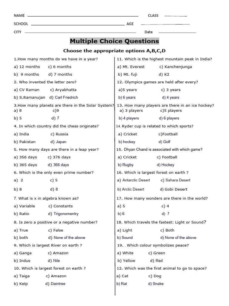 Multiple Choice Questions: Choose The Appropriate Options A, B, C, D | PDF