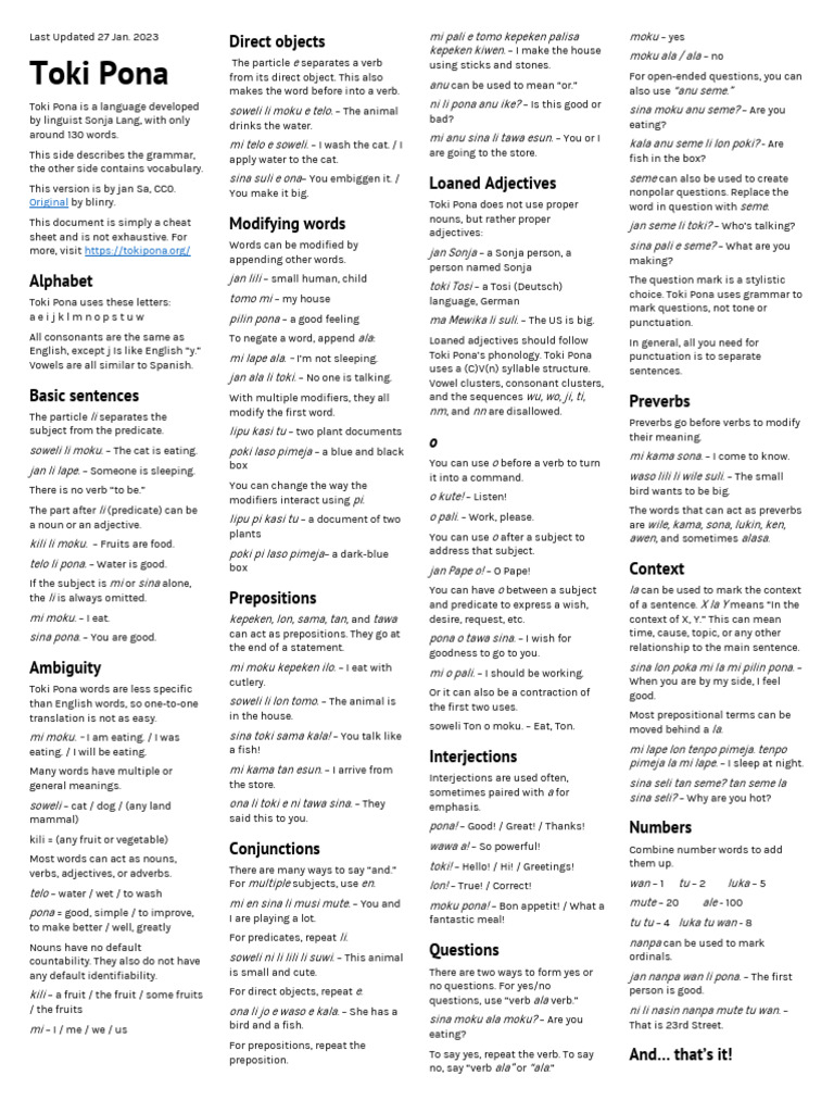 Toki Pona Cheat Sheet v2 | Download Free PDF | Human Communication | Language Mechanics