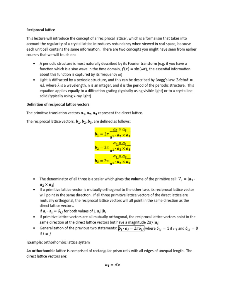 Lecture 2 Reciprocal Lattice Notes | PDF | Physics | Physical Phenomena Lecture 2 Reciprocal Lattice Notes | PDF | Physics | Physical Phenomena