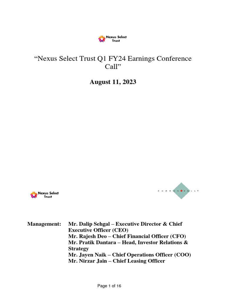 Nexus Select Trust Q1 FY24 Earnings Summary | PDF | Brand | Retail
