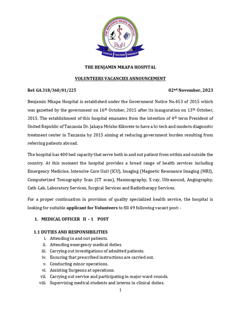Tangazo La Ajira Benjamini Mkapa Hospital Nov 2023 | PDF
