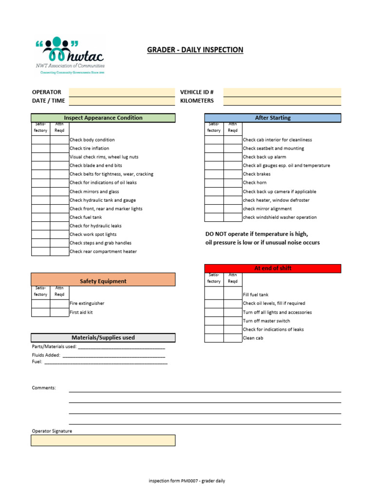 Inspection Form PM0007 Grader Daily | PDF | Vehicles | Manufactured Goods