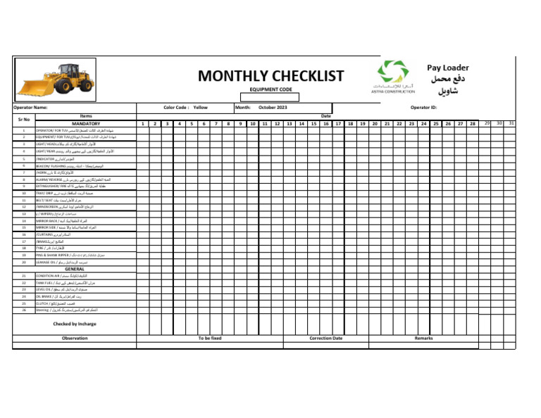 Equipment Monthly Checklist Payloader | Download Free PDF | Vehicles