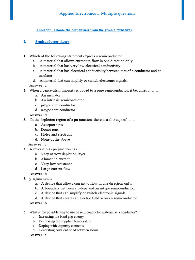 Electronics Quiz for Students | PDF | Bipolar Junction Transistor | P–N Junction