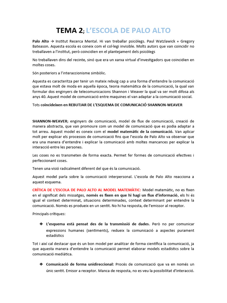 TEMA 2. Teoria Escola de Palo Alto | PDF