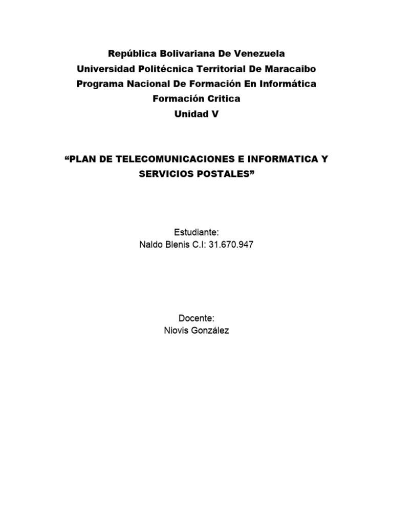 PLAN DE TELECOMUNICACIONES E INFORMATICA Y SERVICIOS POSTALES | PDF