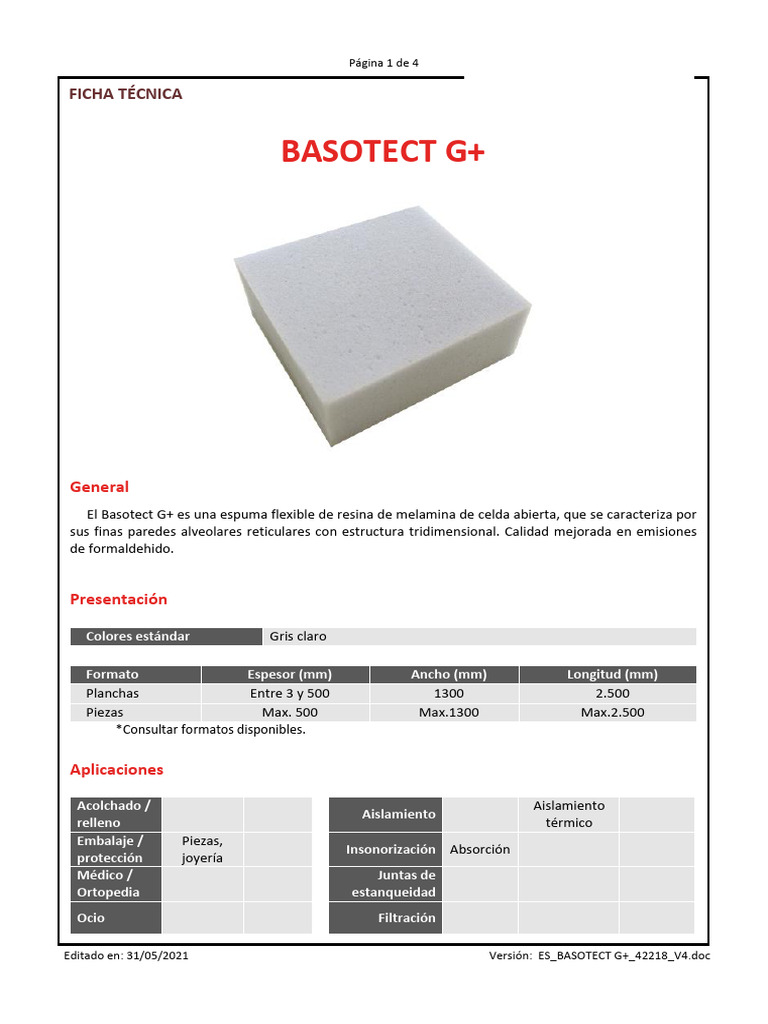 Ficha Tecnica BASOTECT G+ | PDF | Materiales | Ciencias fisicas
