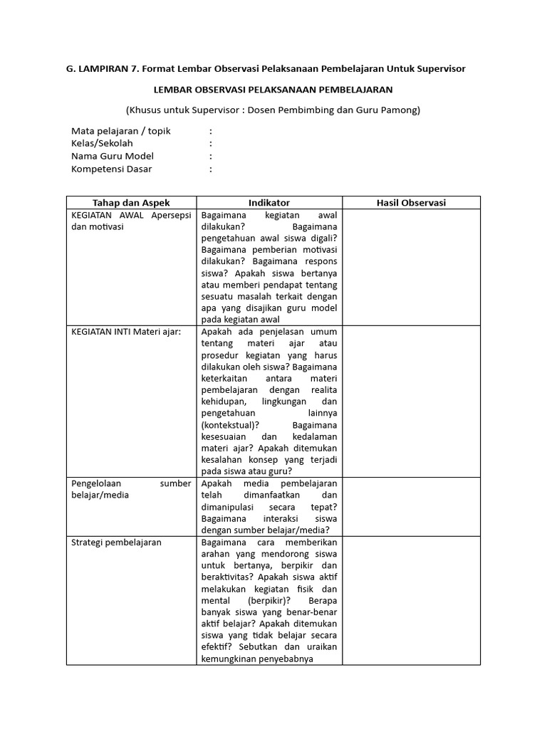 Format Lembar Observasi Pelaksanaan Pembelajaran Untuk Supervisor | PDF