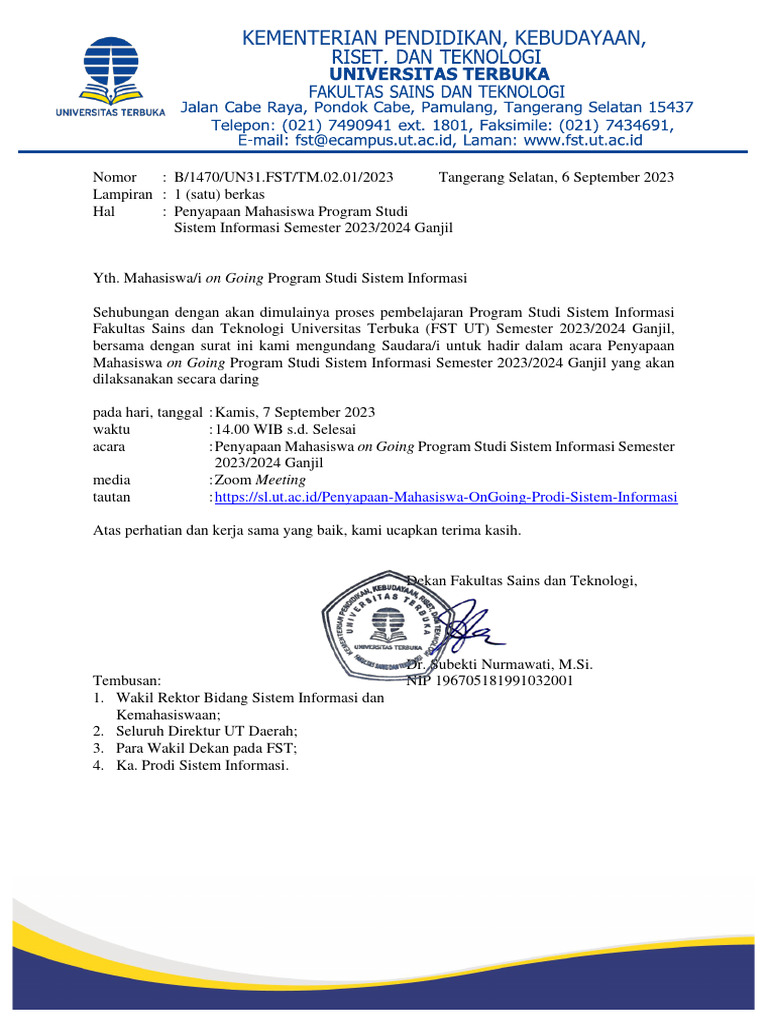 TM.02.01 B 1470 2023 Surat Undangan Penyapaan Mahasiswa On Going PS SI Semester 2023-2024 Ganjil ...