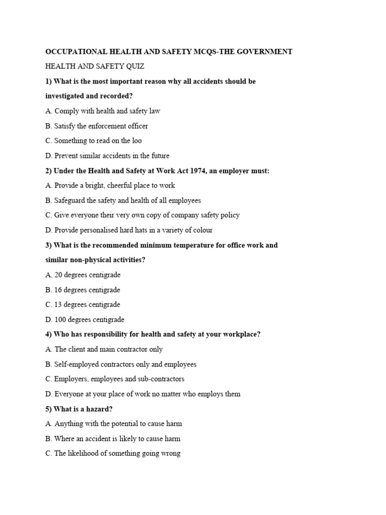 Occupational Health and Safety Mcqs-The Government | PDF | First Aid | Risk