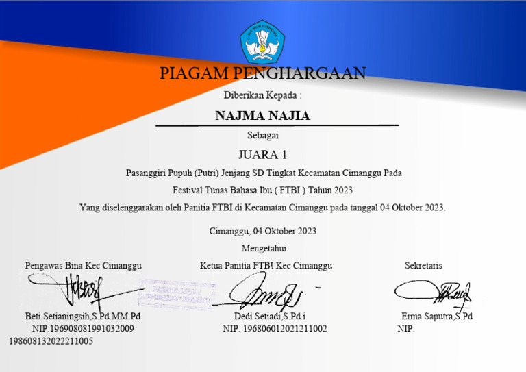 Piagam Penghargaan Juara FTBI 2023 | PDF