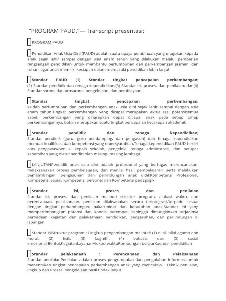 Standar Pendidikan Anak Usia Dini PAUD | PDF
