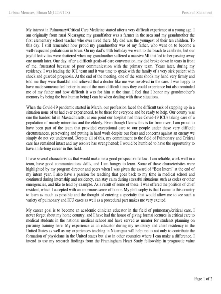 Example, Personal Statement | PDF | Intensive Care Medicine | Intensive ...