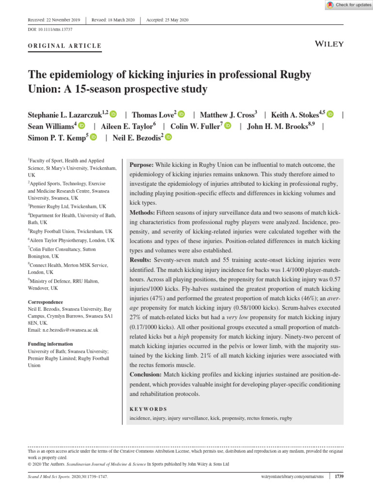 SAC The Epidemiology of Kicking Injuries in Professional Rugby Union A 15season Prospective ...