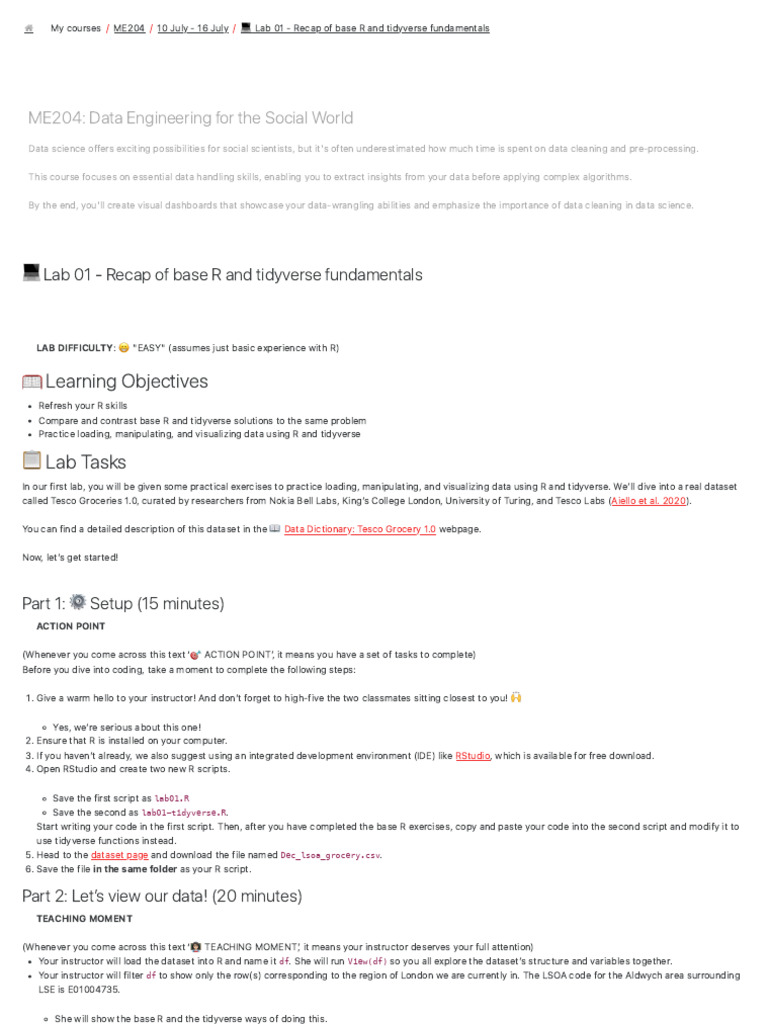 ME204 - ? Lab 01 - Recap of Base R and Tidyverse Fundamentals | PDF | Data | Data Science