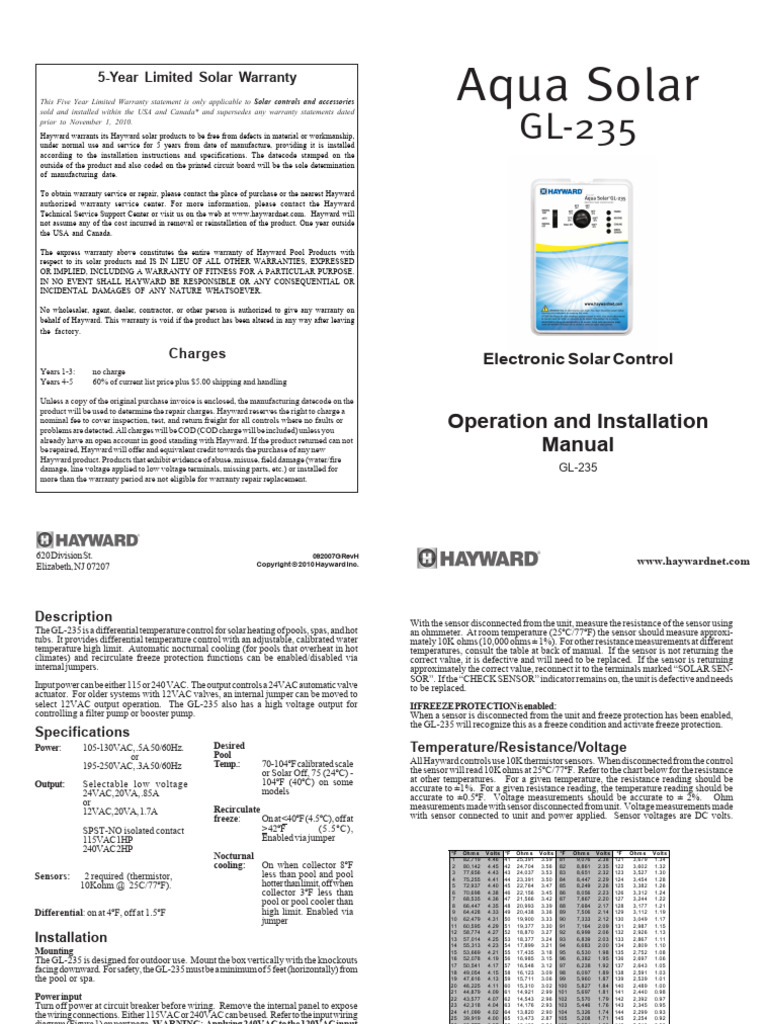 Hayward Aqua Solar GL-235 Operation and Installation Manual | PDF ...