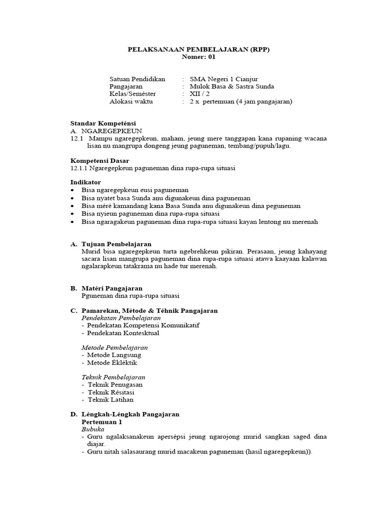 RPP Bahasa Sunda Kelas Xii Sem II | PDF