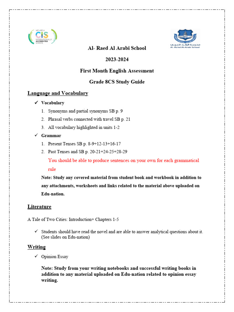 Imane 8CS First Month English Study Guide 2 | PDF
