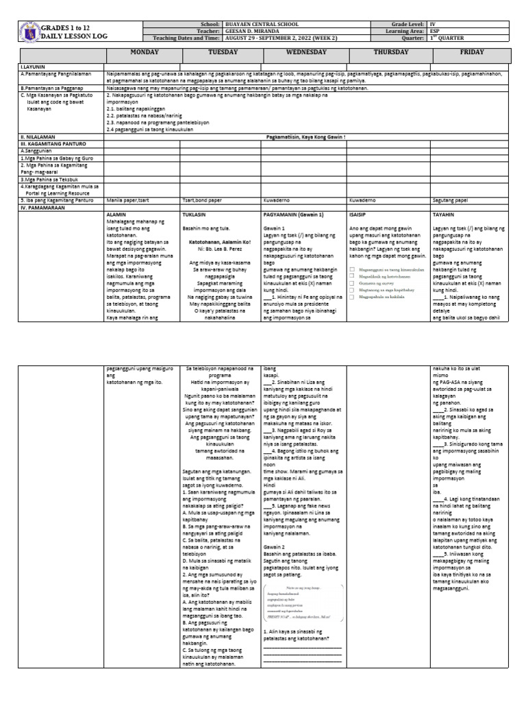 DLL - Esp 4 - Q1 - W2 | PDF