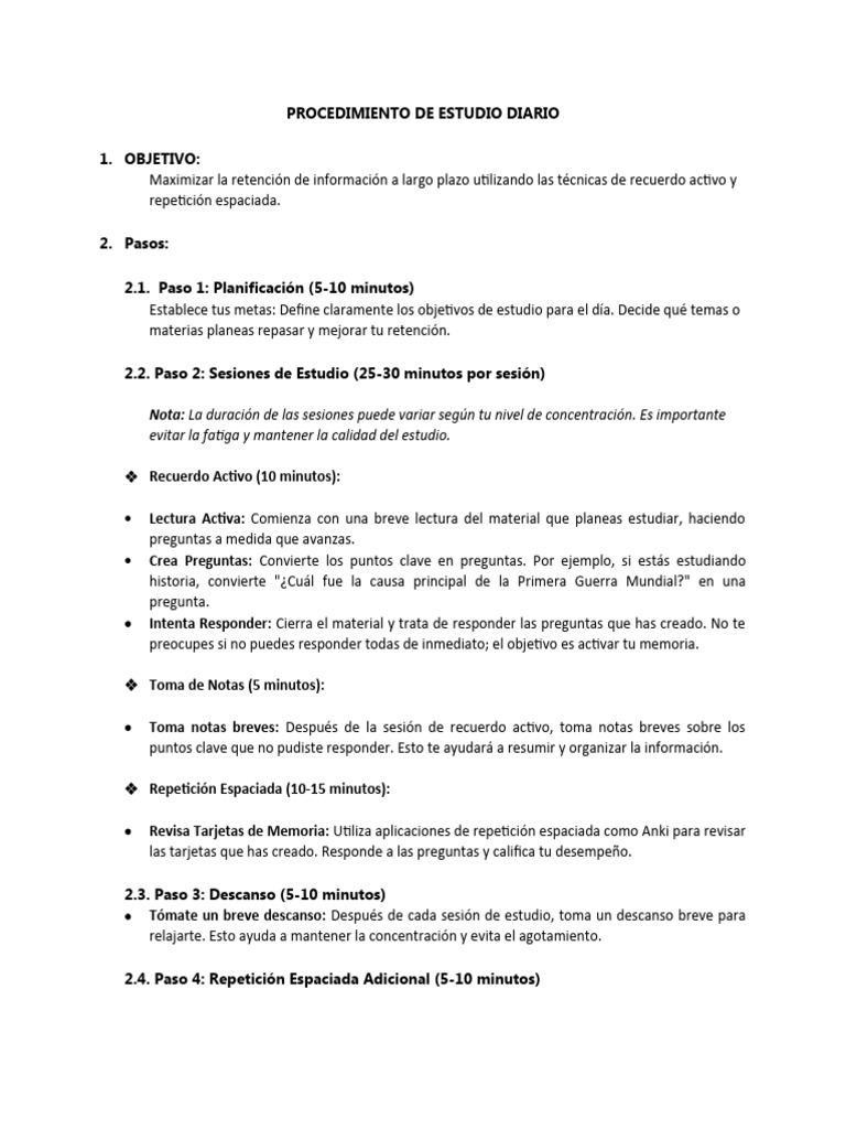 Procedimiento de Estudio Diario | PDF